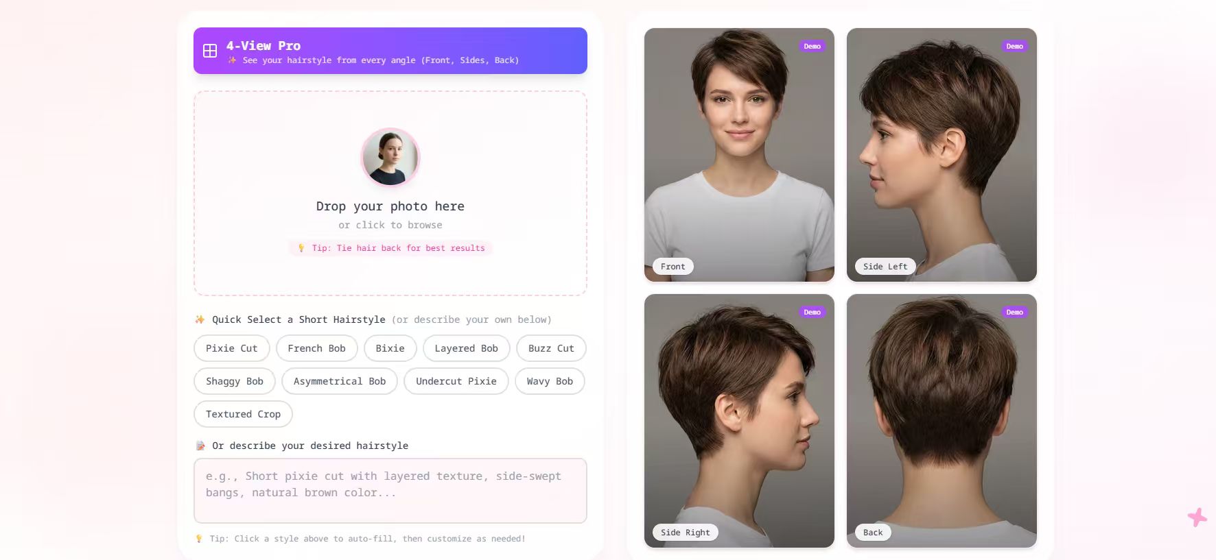Short Hairstyles AI - 360° Virtual Haircut Simulator